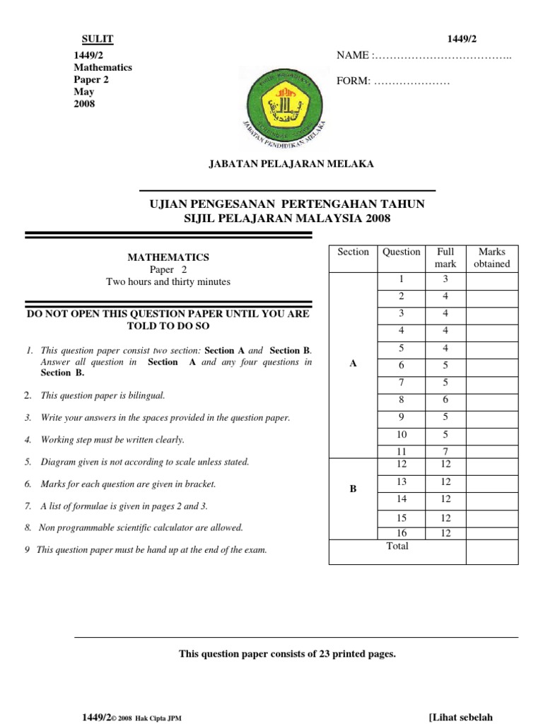 SPM Mid Year 2008 Melaka Maths Paper 2 | PDF | Area | Sphere
