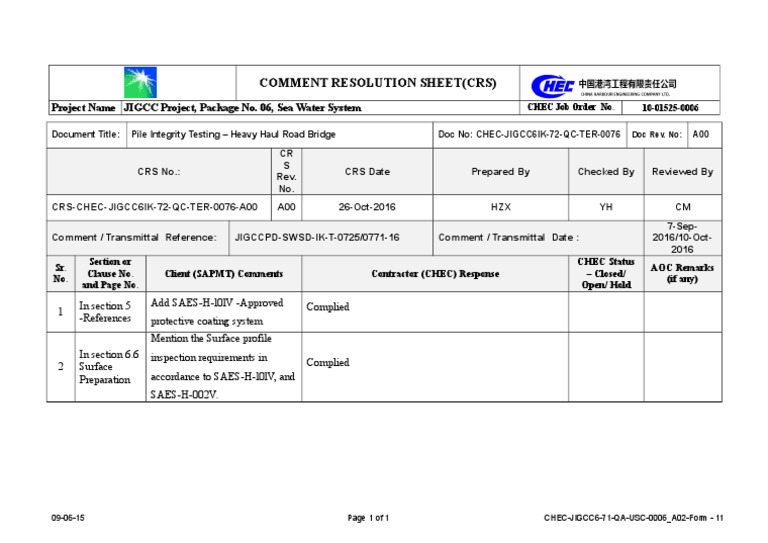 Comment Resolution Sheet (CRS) : Project Name JIGCC Project, Package No. 06, Sea Water System | PDF