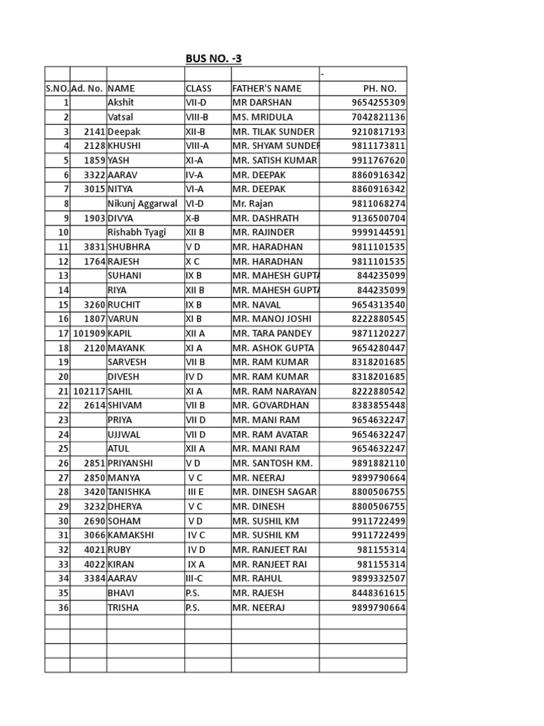 Bus No. 3 Student List | PDF
