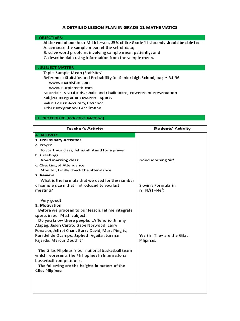 A Detailed Lesson Plan in Grade 11 Mathematics: I. Objectives | PDF ...