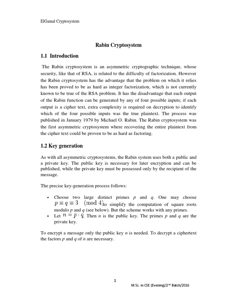 Rabin Cryptosystem 1.1 Introduction | PDF | Cryptography | Public Key Cryptography