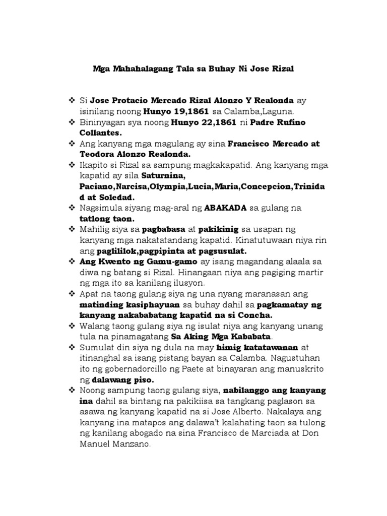 Mga Mahahalagang Tala Sa Buhay Ni Jose Rizal | PDF Mga Mahahalagang Tala Sa Buhay Ni Jose Rizal | PDF