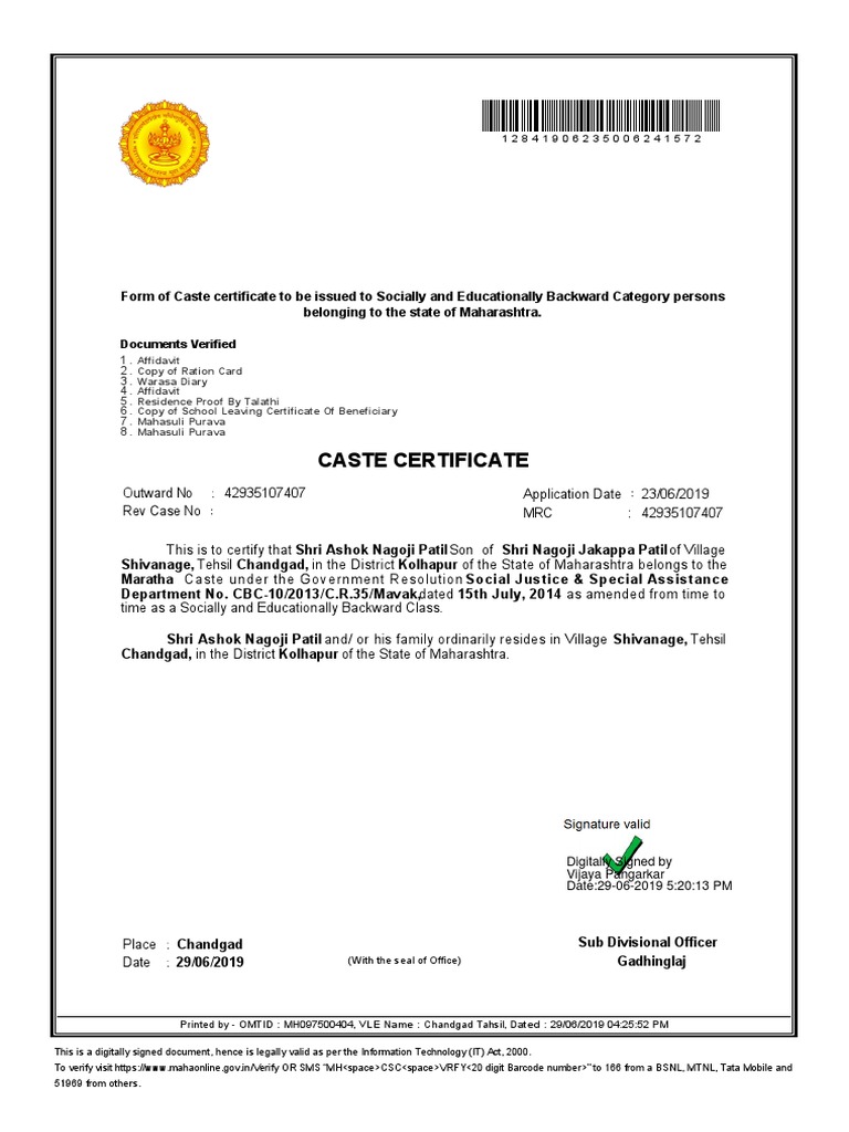 Maharashtra caste certificate | PDF | Business
