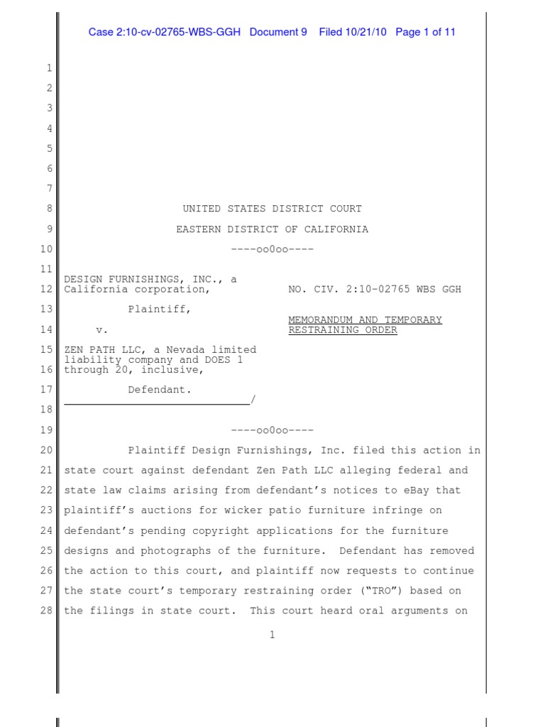 Design Furnishings V Zen Path TRO Extension | PDF | Digital Millennium Copyright Act | Injunction