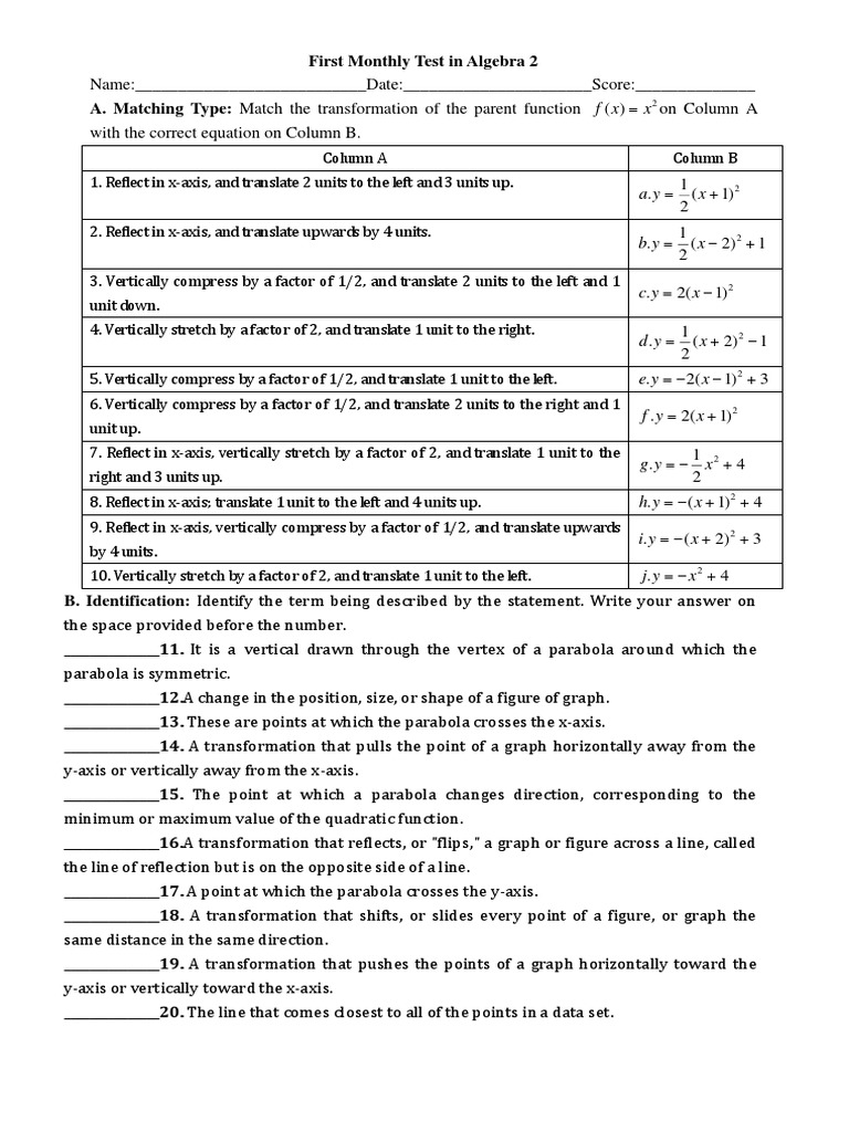Algebra 2 Monthly Test Overview | PDF | Cartesian Coordinate System ...