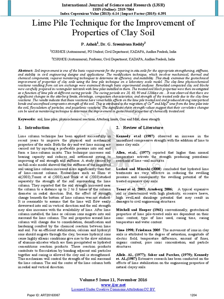 Lime Pile Technique For The Improvement of Properties of Clay Soil ...