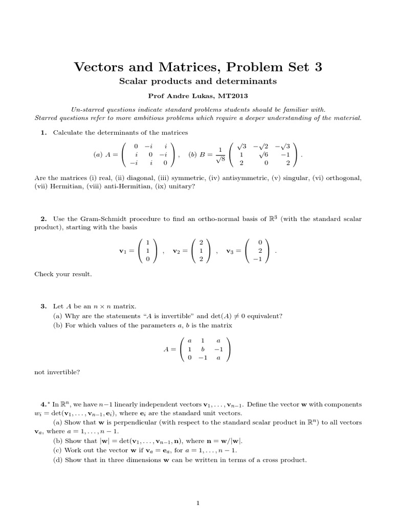 Vectors and Matrices, Problem Set 3: Scalar Products and Determinants | PDF | Matrix ...
