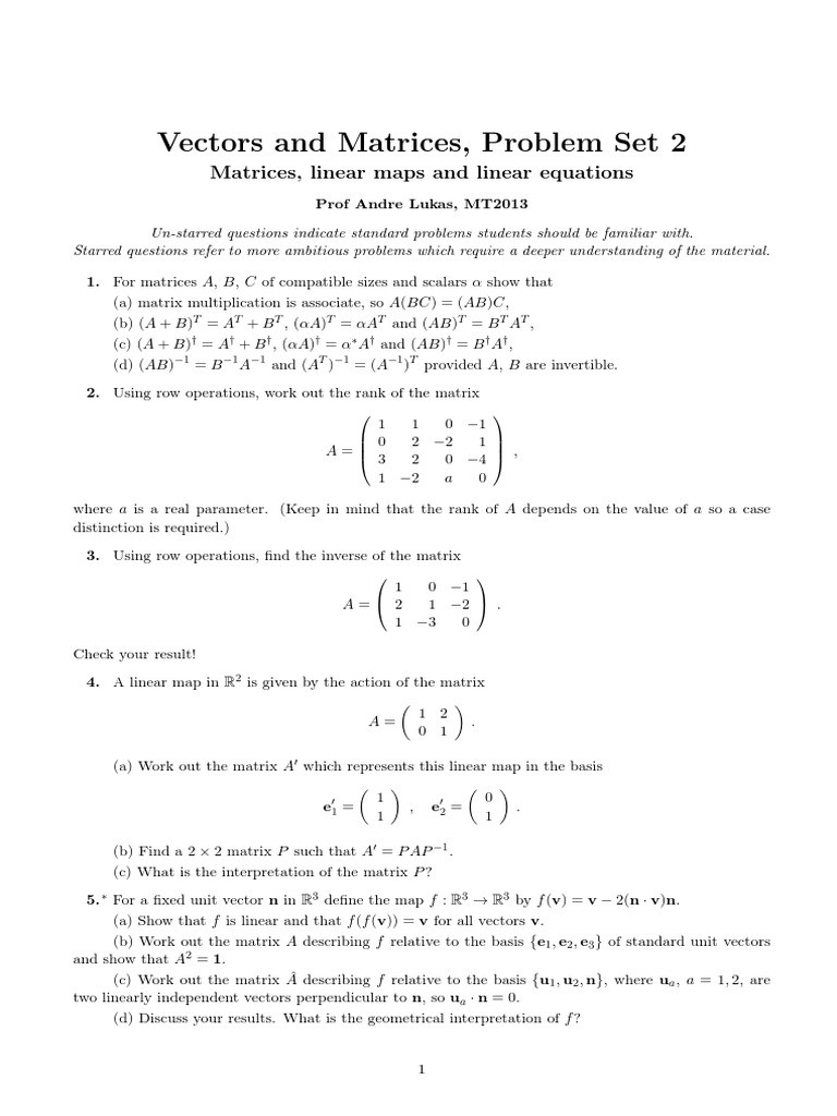 Vectors And Matrices Problem Set 2 Pdf Matrix Mathematics Linear Map