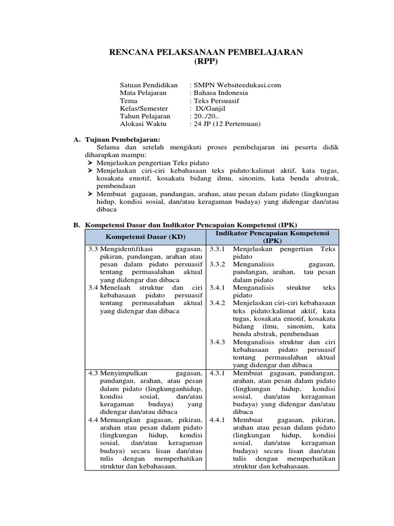 Rencana Pelaksanaan Pembelajaran (RPP) | PDF