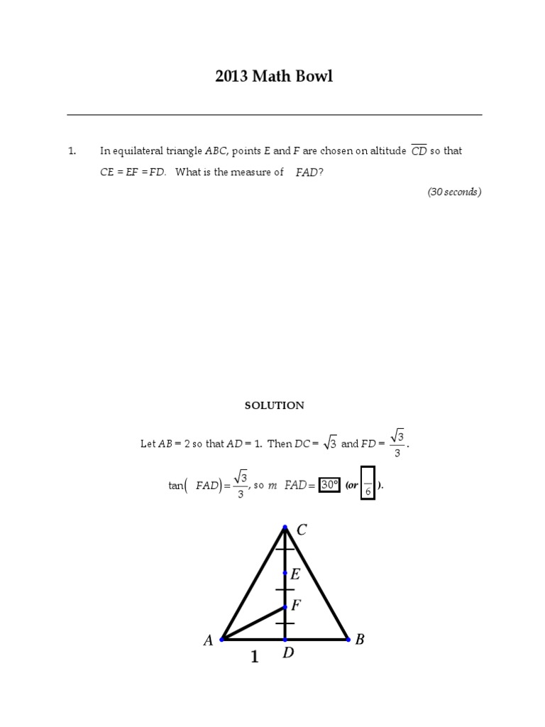 2013 Math Bowl: 1. in Equilateral Triangle ABC, Points E and F Are ...