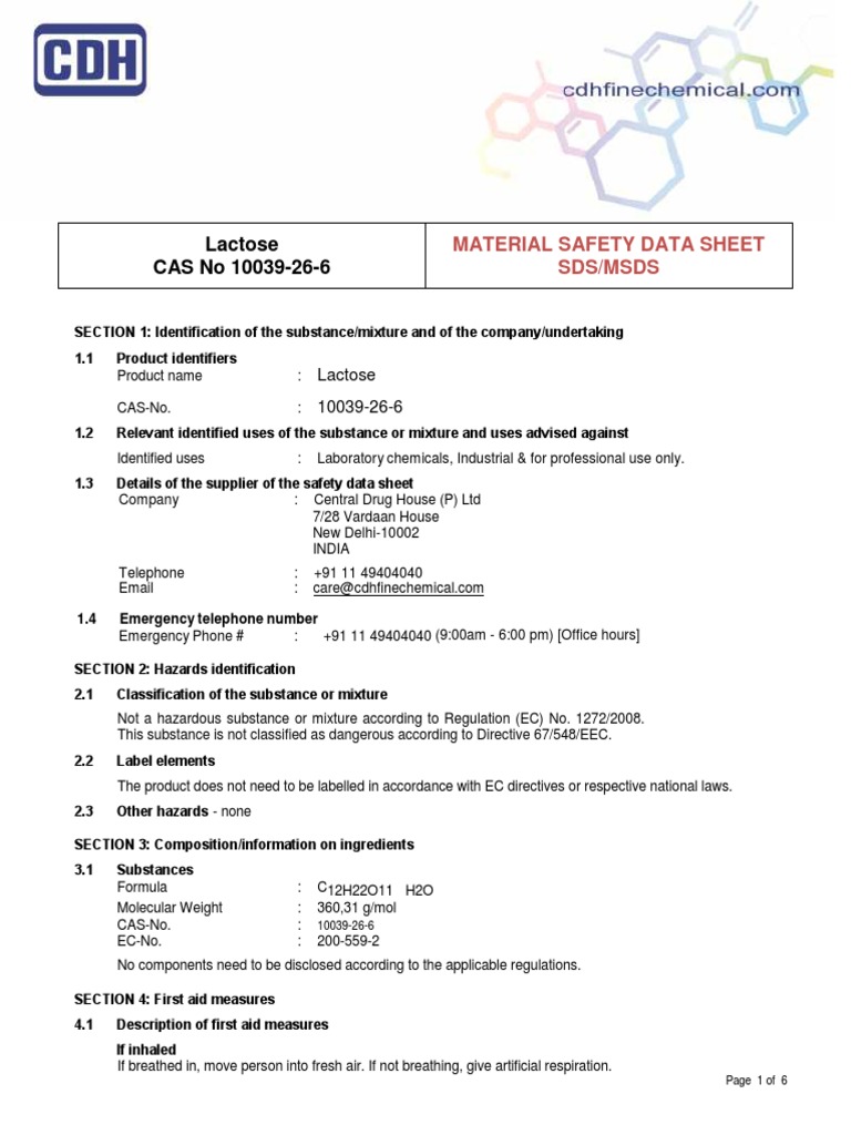 MSDS Lactose | PDF | Dangerous Goods | Toxicity