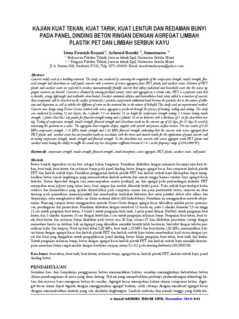 Kajian Kuat Tekan, Kuat Tarik, Kuat Lentur Dan Redaman Bunyi Pada Panel Dinding Beton Ringan ...