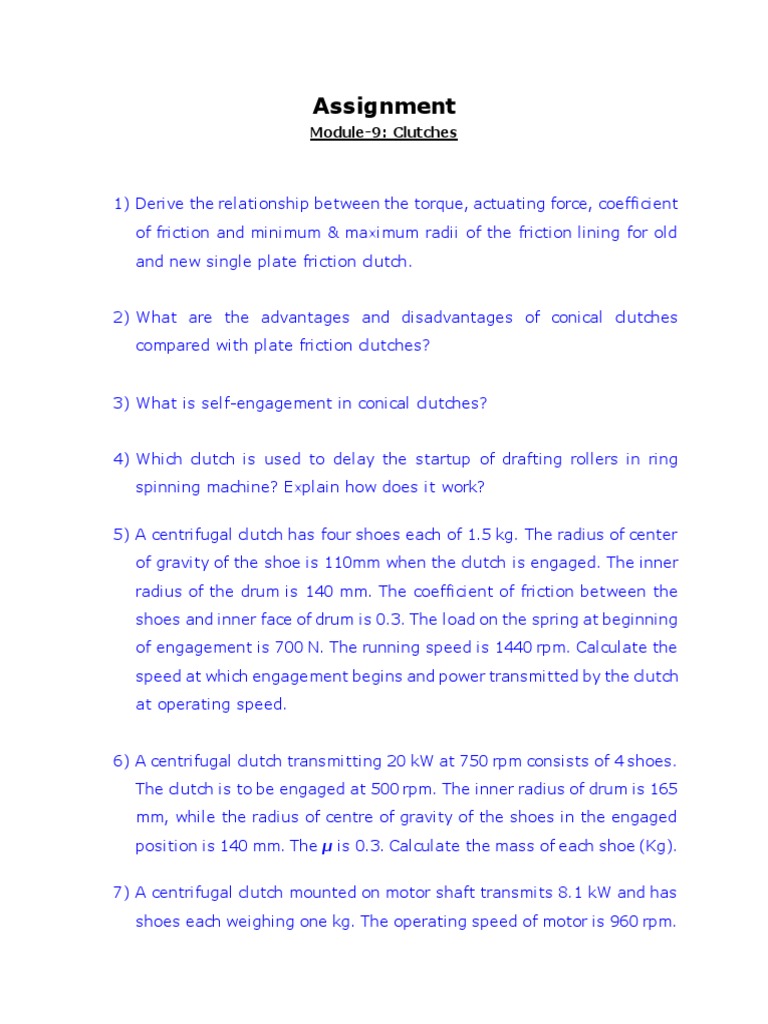 Assignment: Module-9: Clutches | PDF