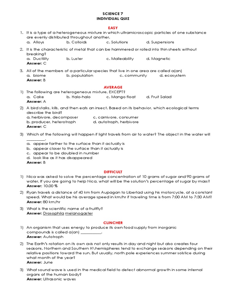 Grade 7 Science: Quiz Questions Covering States of Matter, Ecology, and ...