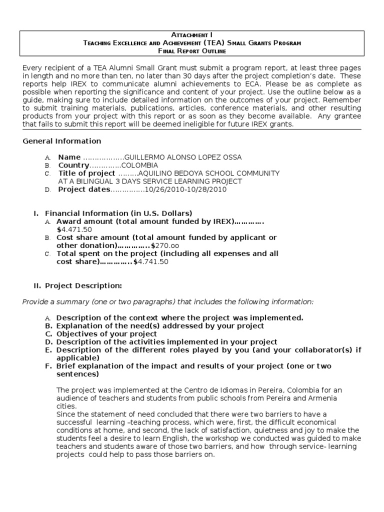 TEA Small Grant Final Report Template Service Learning English As A 