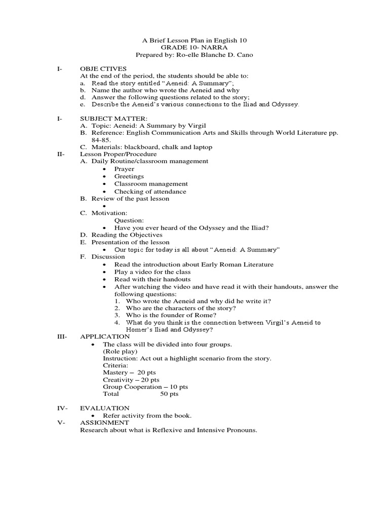 A Brief Lesson Plan in English 10 | PDF