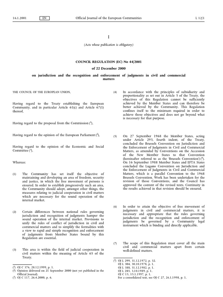 Brussels Regulation 1 PDF | PDF | Jurisdiction | Treaty