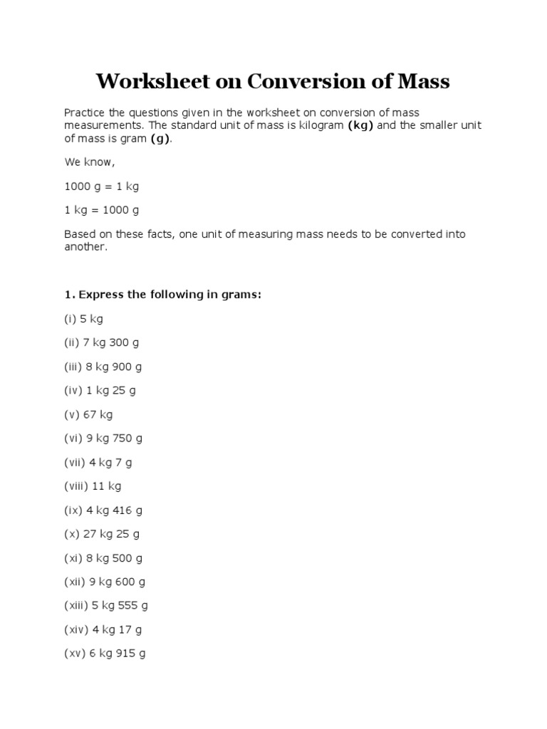 Mass Conversion Worksheet | PDF