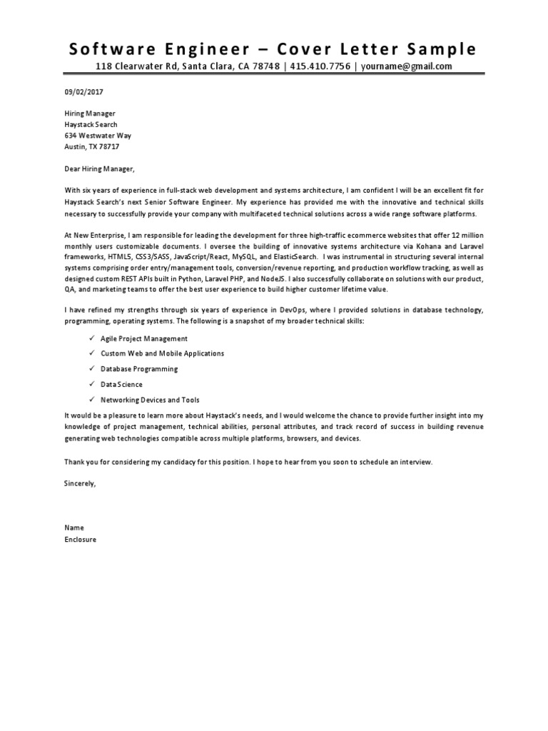 Software Engineer Cover Letter Sample | PDF