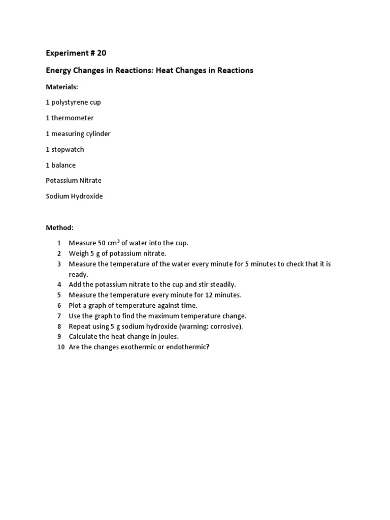 Experiment # 20 Energy Changes in Reactions: Heat Changes in Reactions ...