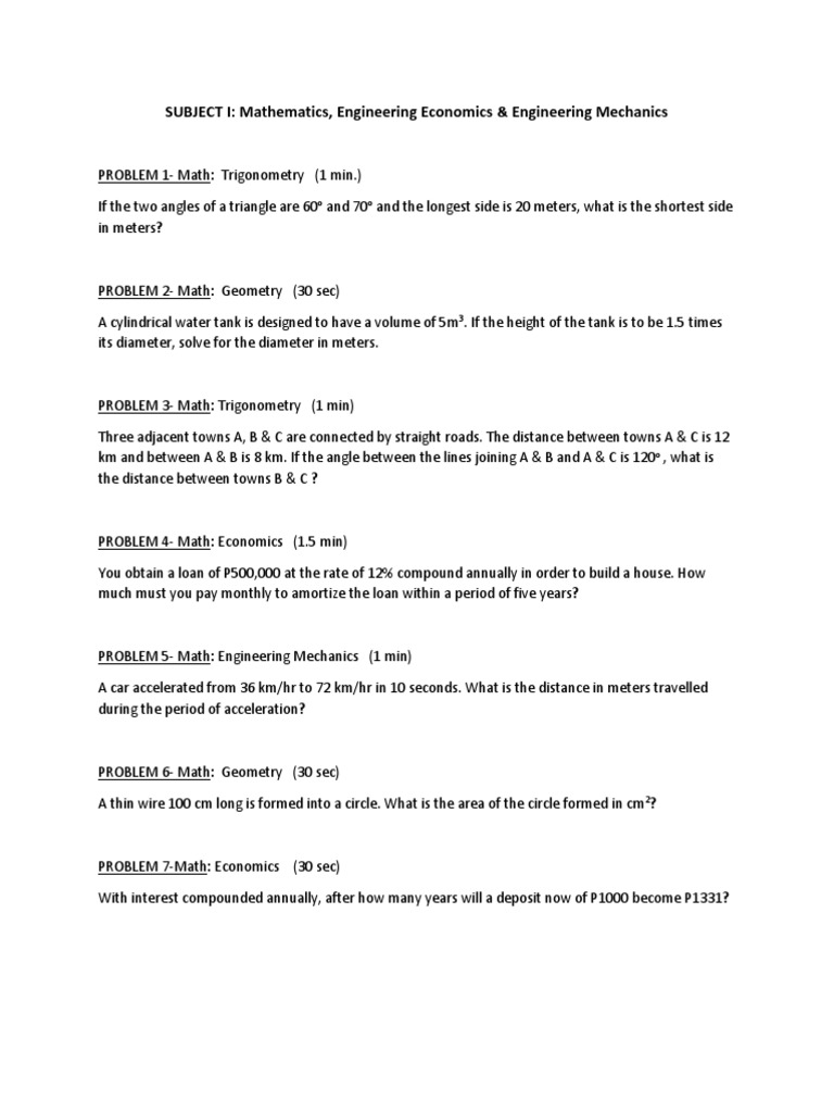 SUBJECT I: Mathematics, Engineering Economics & Engineering Mechanics ...