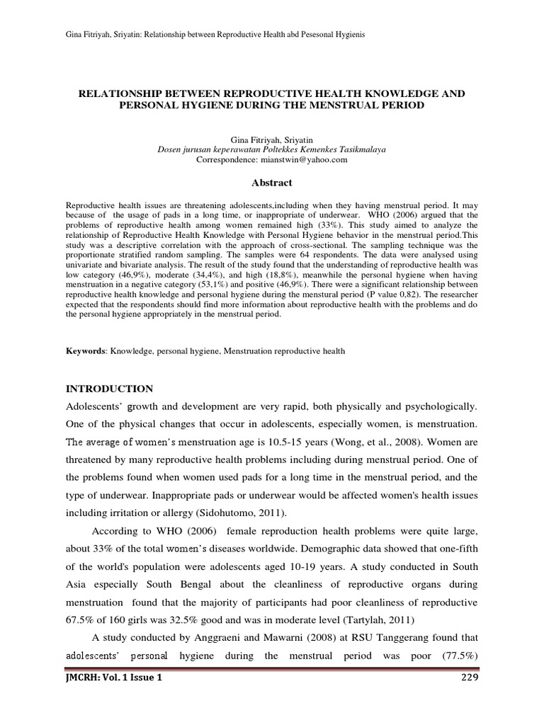 Relationship Between Reproductive Health Knowledge and Personal Hygiene ...