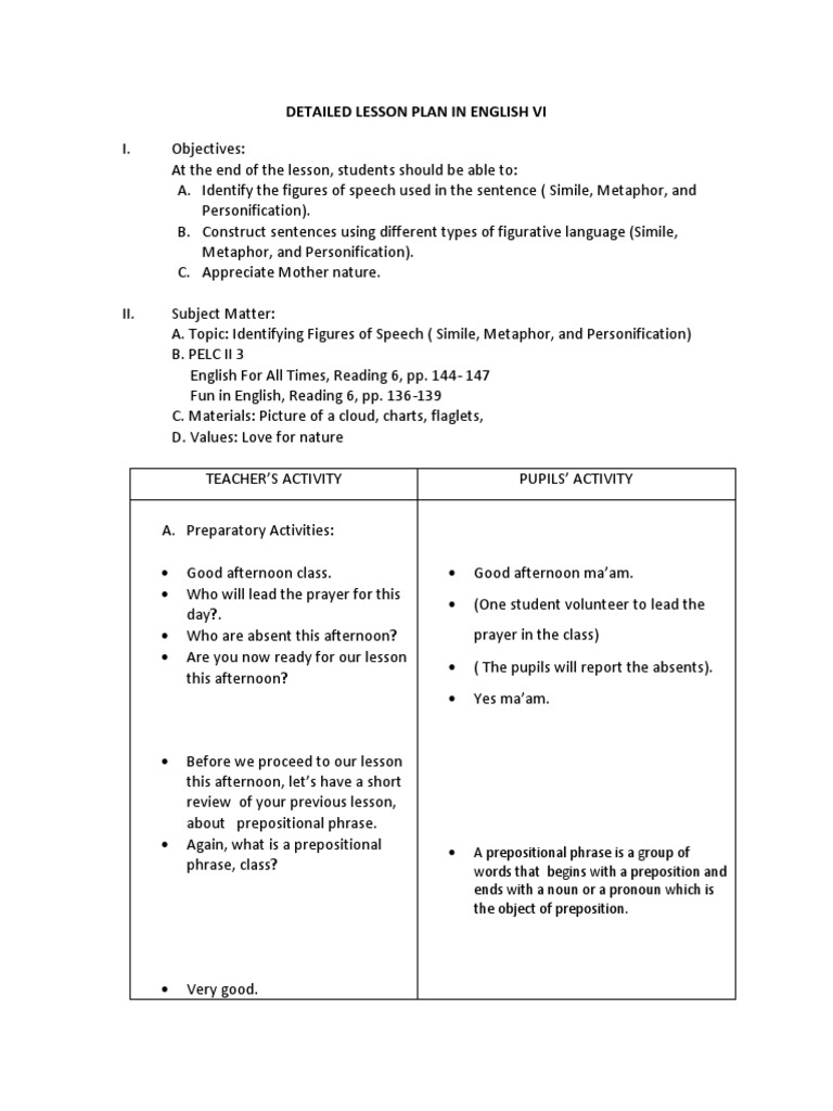 Lesson Plan | PDF | Preposition And Postposition | Metaphor