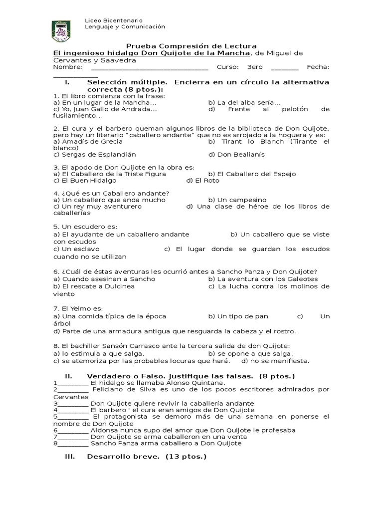 Prueba El Quijote Zig Zag PDF | PDF | Don Quijote | Novelas en español