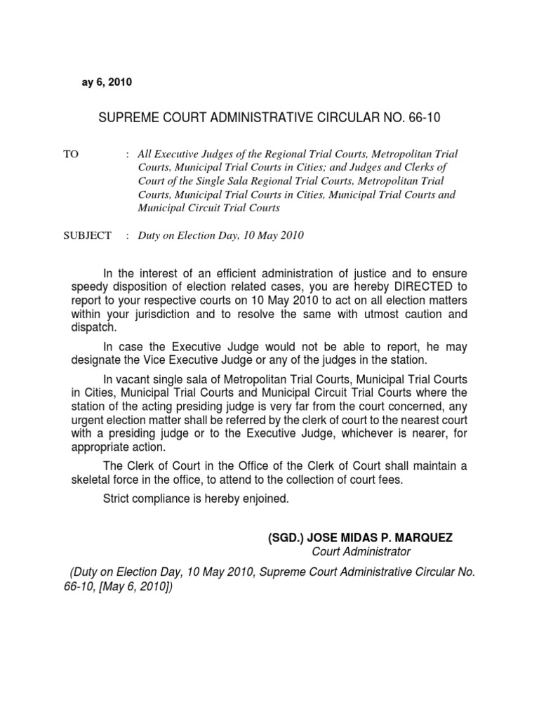 Supreme Court Administrative Circular No. 66-10 | PDF