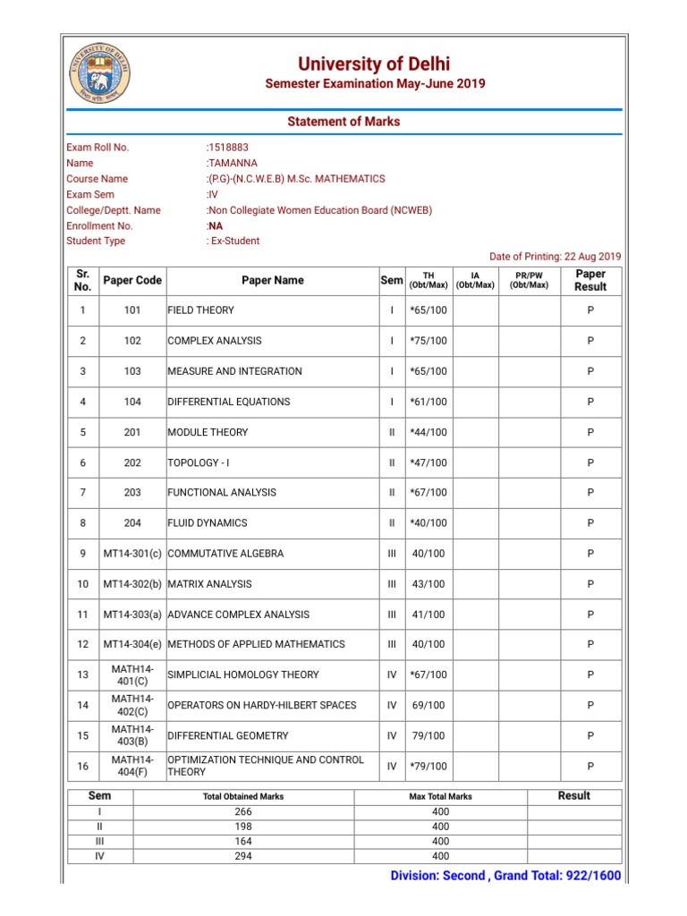 University of Delhi: Semester Examination May-June 2019 Statement of ...