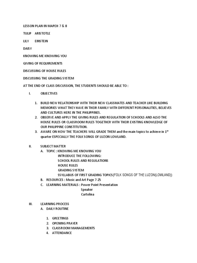 Lesson Plan in Mapeh 7 1 | PDF | Lesson Plan | Classroom