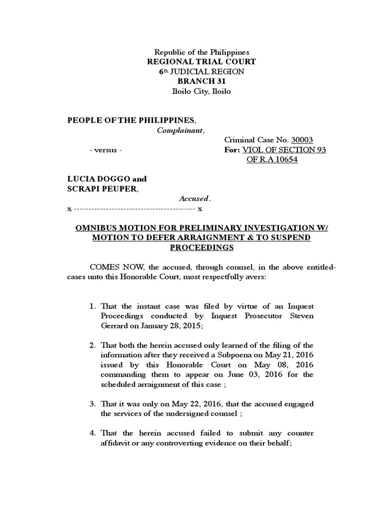 Sample Motion For Preliminary Investigation | PDF | Arraignment ...