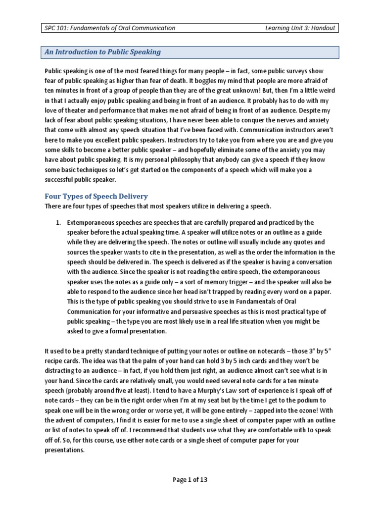 An Introduction To Public Speaking: Four Types of Speech Delivery | PDF ...