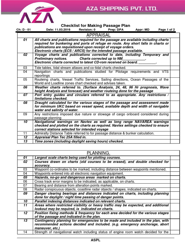 Passage Planning Checklist | PDF | Navigation | Tide