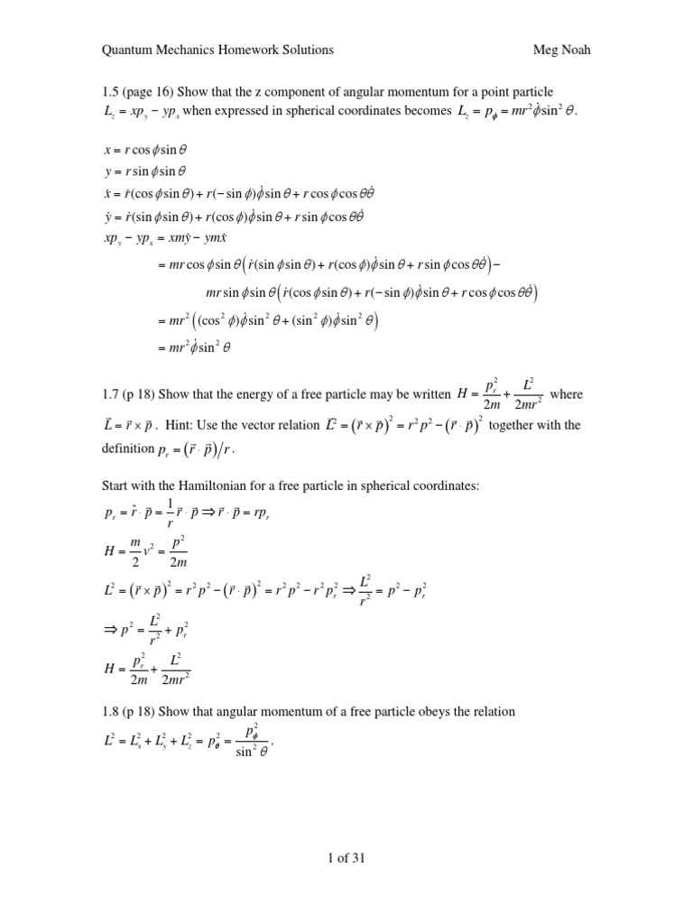 QMech HomeworkSolutions PDF | PDF | Hamiltonian (Quantum Mechanics) | Electronvolt