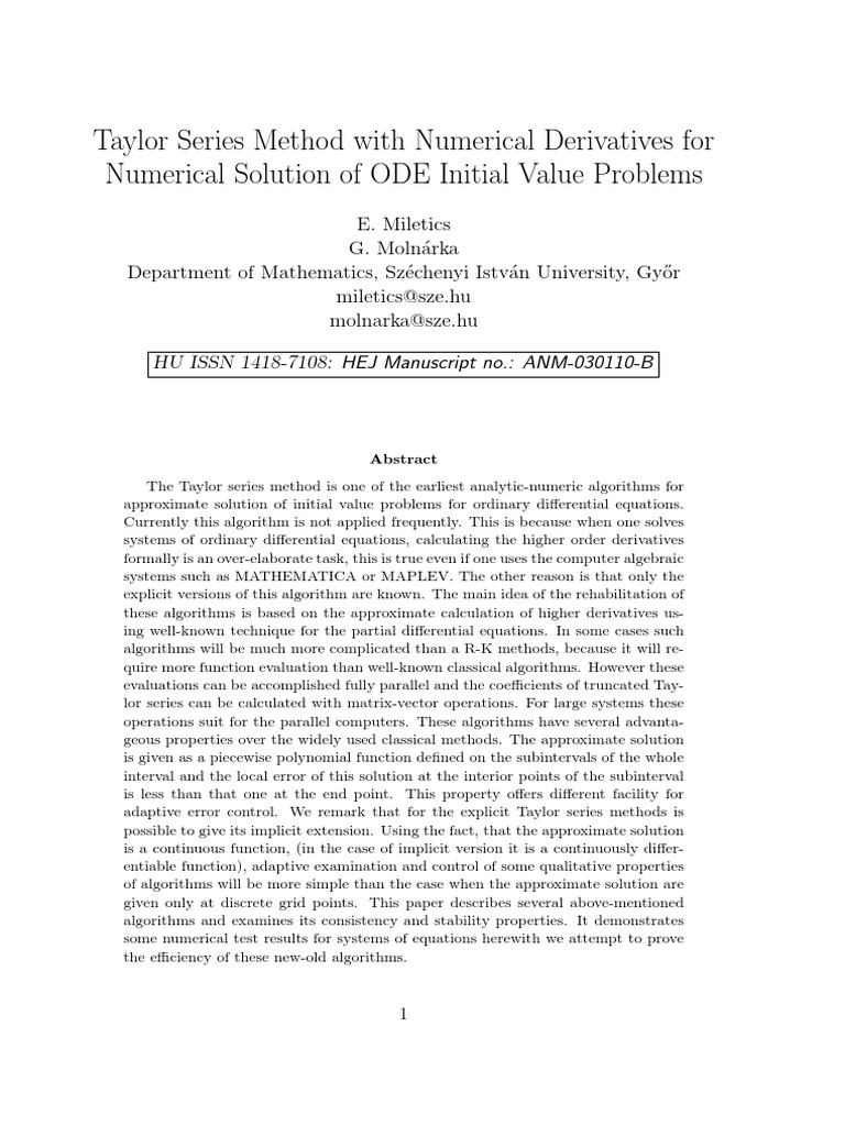 Taylor Series Method With Numerical Derivatives For Numerical Solution of ODE Initial Value ...