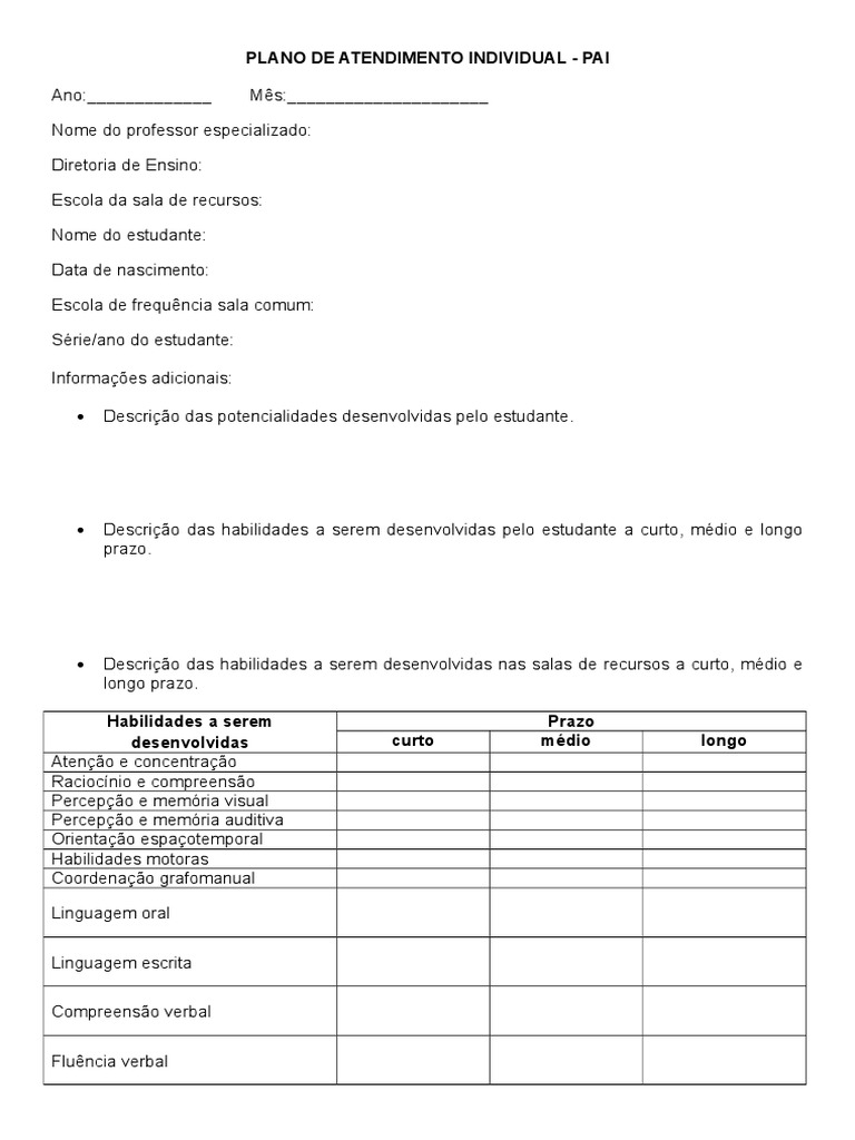 Plano de Atendimento Individual TGD Modelo | PDF