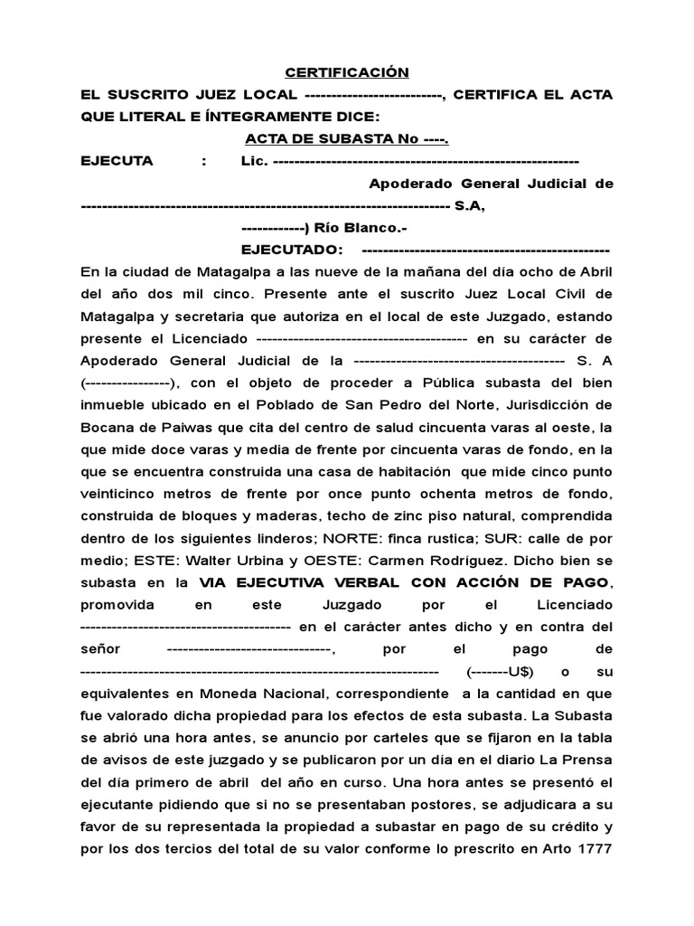 Acta de Subasta | PDF | Subasta | Poder judicial (sistema de justicia)