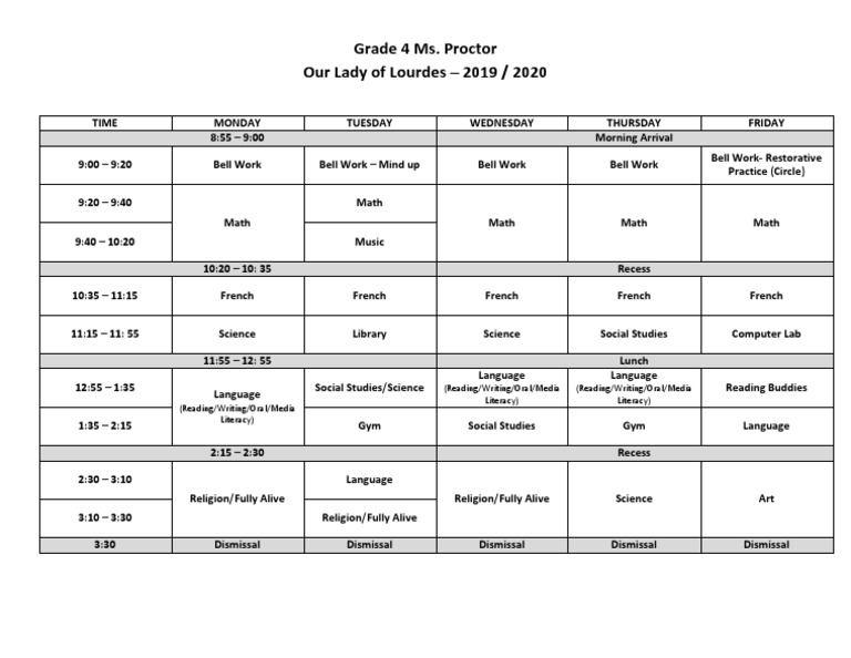 Grade 4 Weekly Schedule 2019-2020 | PDF | Science | Science And Technology