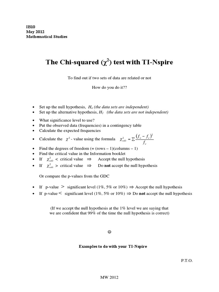 The Chi-Squared Test With TI-Nspire IB10 | PDF | Chi Squared Test | P Value