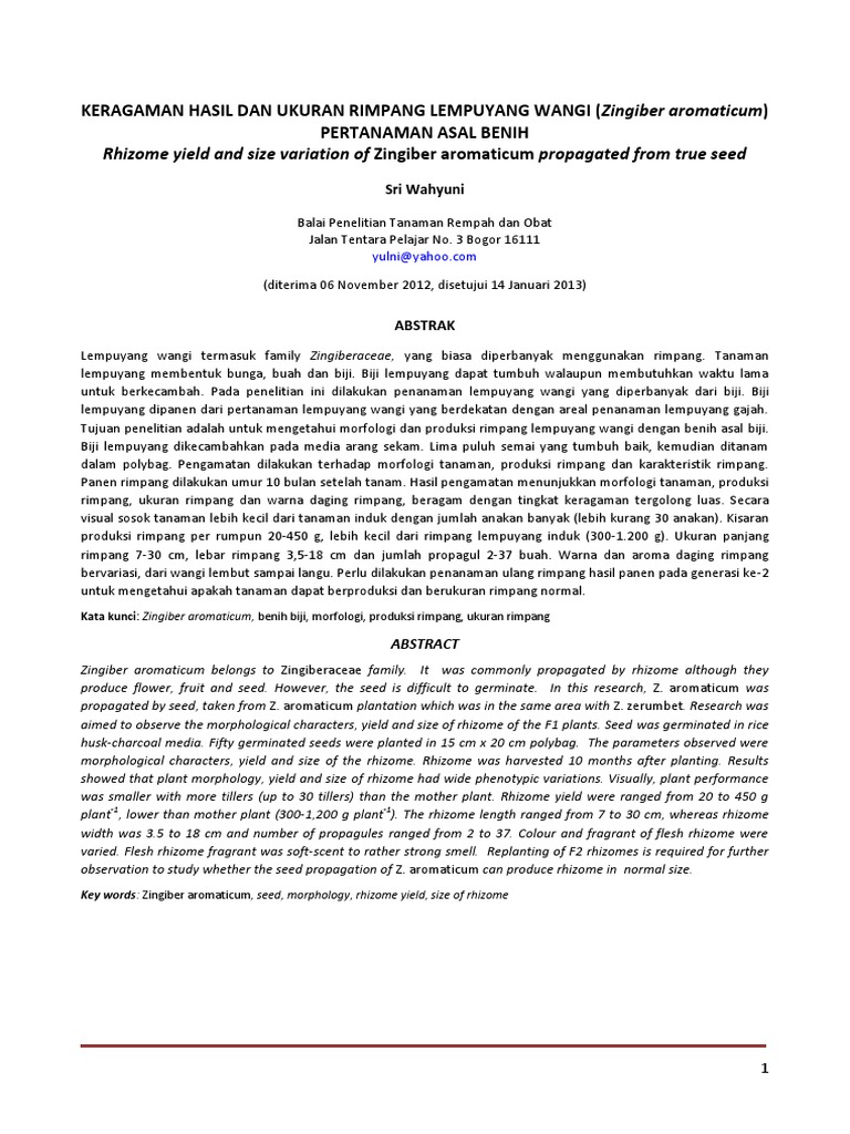 Keragaman Hasil Dan Ukuran Rimpang Lempuyang Wangi | PDF