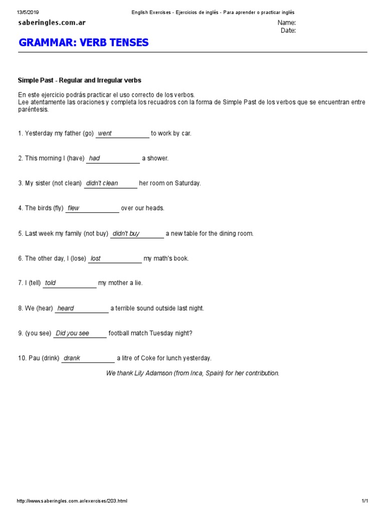 English Exercises - Ejercicios de Inglés - para Aprender o Practicar ...