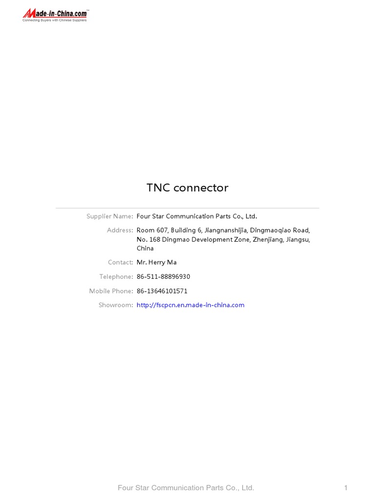 TNC Connector | PDF | Coaxial Cable | Electrical Connector