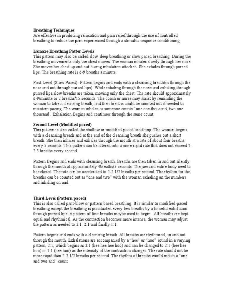 Lamaze Breathing Patter Levels | PDF | Childbirth | Breathing