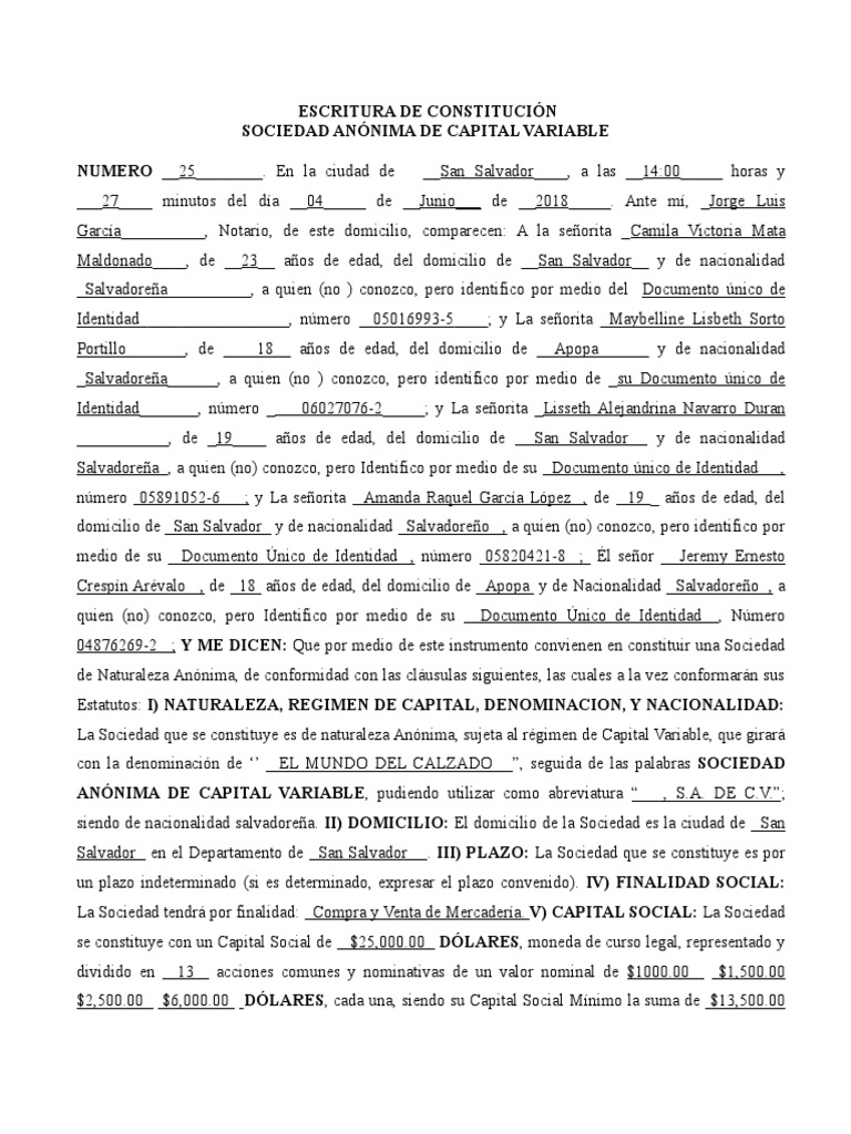 Modelo de Escritura de Constitucion | PDF | Compartir (Finanzas) | Junta Directiva
