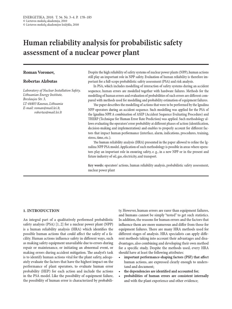 Human Reliability Analysis For Probabilistic Safety Nuclear Power Plant ...