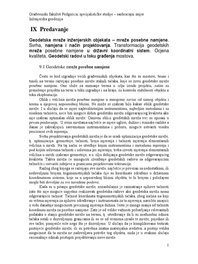 Deveto Predavanje Inženjerska Geodezija - Saobraćajni Smjer | PDF