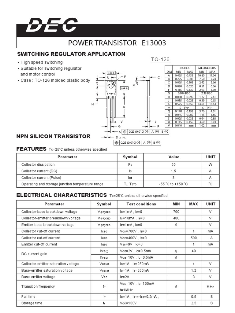E13003 | PDF | Bipolar Junction Transistor | Electrical Engineering