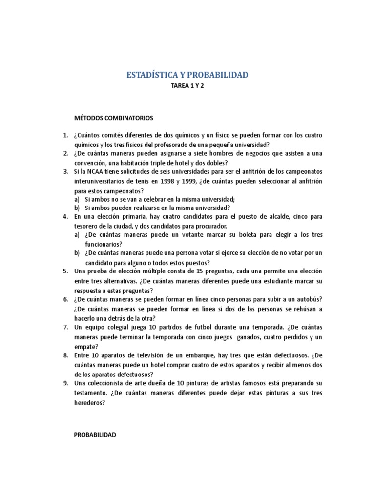 TAREA 1 Y 2 Proba | PDF | Probabilidad | Probabilidades y estadísticas