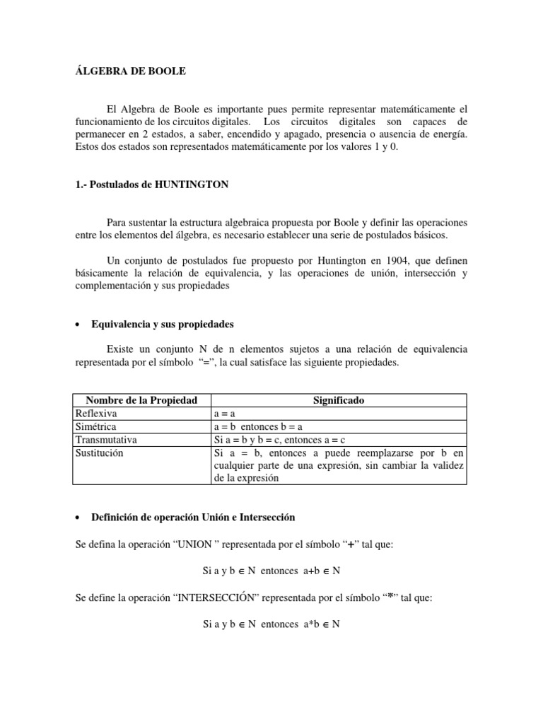 Álgebra de Boole. 1. - Postulados de Huntington | PDF | Álgebra de ...